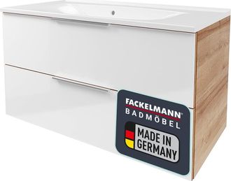 Fackelmann B.Brillant Waschbeckenunterschrank - inklusive weißem Waschbecken aus Gussmarmor - Hängend und Front aus lackiertem Glas - Badschrank in Weiß & Eiche 