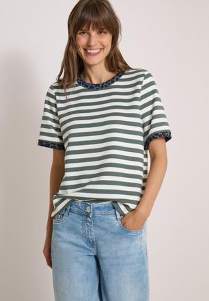 Cecil T-Shirt CECIL, Damen, Gr. XXL (46), gr&uuml;n (dried olive gr&uuml;n), Stoff, 49% Polyester, 44% Viskose, 7% Elasthan, gestreift, comfort fit normal, Rundhals, 