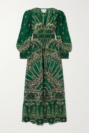 Camilla Maxikleid Aus Bedrucktem Seiden-cr&ecirc;pe Mit Verzierungen - Gr&uuml;n