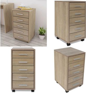 vidaXL Caisson &agrave; tiroir de bureau avec roulettes 5 tiroirs Ch&ecirc;ne - Meuble De Bureau - Commode De Bureau - Tiroir De Bureau - Rangement Bureau - Armoire De