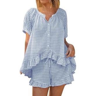 Generic Ensemble de pyjama 2 pièces à carreaux pour femme en coton bouffant, chemise à volants et pantalon vichy, bleu, XXL