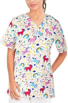 B-Well Bambina Tunique &agrave; enfiler, avec manches courtes, col en V et motifs, peut &ecirc;tre utilis&eacute;e dans le domaine m&eacute;dicale, pour femme, Licornes, XS