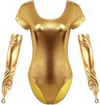 dPois Body Doré Femme Métallique Justaucorps Gymnastique Costume Danse Jazz Moderne Bodysuit Brillant Clubwear S-XXL Or M