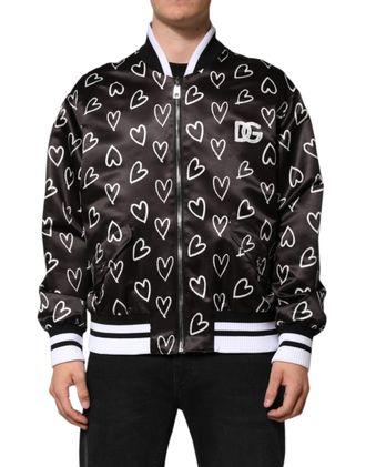 Dolce & Gabbana Mens Black Polyester Heart Print Bomber Jacket Clothing