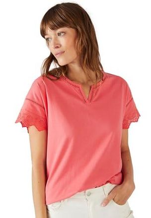 Damart T-Shirt Broderies Anglaises Pur Coton, Femme, Col Tunisien, Corail, 42/44