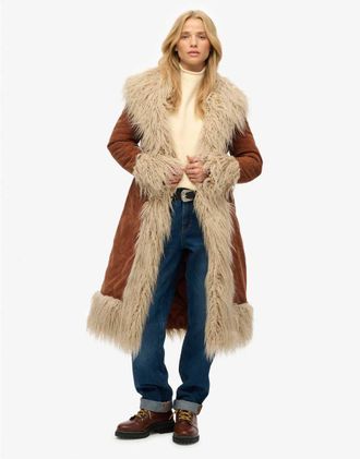 Superdry Manteau long style afghan - Marron ch&acirc;taigne rustique-Brown