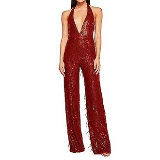 Generic Combinaison festive pour femme - Avec paillettes - Dos nu - &Eacute;l&eacute;gante - Sans manches - Col en V profond - Combinaison longue - Pour cocktail, f&ecirc;te - Ta