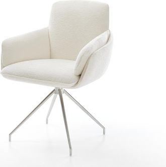 DELIFE Esszimmerstuhl Luan-Flex mit Armlehnen Boucl&eacute; Soft Beige Kreuzgestell konisch Edelstahl, Esszimmerst&uuml;hle