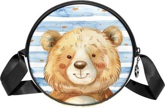 Generic Petit sac &agrave; bandouli&egrave;re rond pour femme, motif aquarelle adorable ours avec fermeture &eacute;clair, bretelles r&eacute;glables, sac &agrave; main rond d&eacute;contract&eacute; pour fe