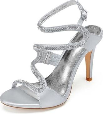 Generic Satin Chaussures De Mariée Mariage Femmes Stylet Ouvert Bout Sandales Eté Talon Mariage Soirée Chaussures10.5Cm,Argent,42 EU