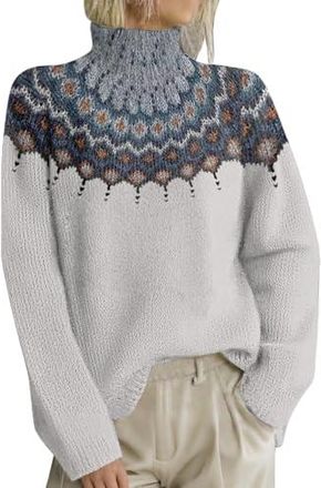 Generic Pull pour femme, manches longues, tricot nordique, confortable, pull à col polo pour femme, pull jacquard vintage, pull dhiver chaud pour femme, autom