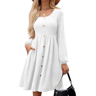 Generic Robe Tricot Femme Hiver &Eacute;l&eacute;gante &agrave; Manches Longues avec Boutons et Poches Col Rond Style D&eacute;contract&eacute; pour Automne Hiver Blanc L