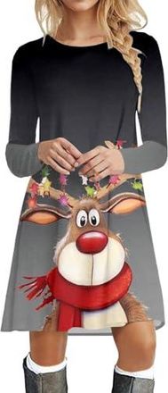 Generic 2026 Femmes Automne et Hiver Casual Mode Noël Imprimé Col Rond Manches Longues Robe, Noir, XXL