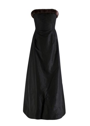 Oscar De La Renta Black Nylon Strapless Gown with Mink Trim Size S