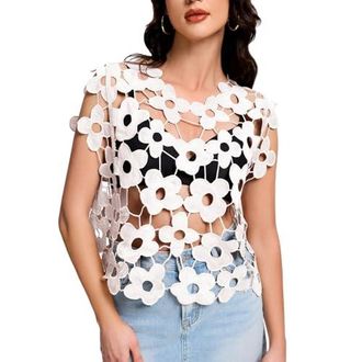 Generic Haut court en dentelle florale ajourée pour femme, gilet sans manches à col rond, haut de sortie Y2K, gilet au crochet 2025, blanc, taille unique