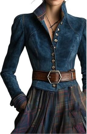 Generic Robe longue vintage &agrave; carreaux en daim pour femme avec col montant et col montant, bleu, XXL