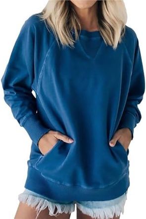 Generic Pull côtelé avec poches pour femme, sweat-shirt décontracté à col rond, pull à manches chauve-souris pour lautomne, noir foncé, 11XL