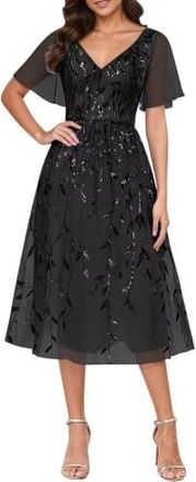 Generic Robe de soir&eacute;e formelle en tulle &agrave; paillettes pour femme Longueur th&eacute; M&egrave;re de la mari&eacute;e, Noir, 48 Grande taille
