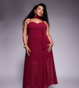 Forever New Honey - Robe caraco longue &agrave; d&eacute;tail foulard et ourlet en pointe - Bordeaux-Rouge