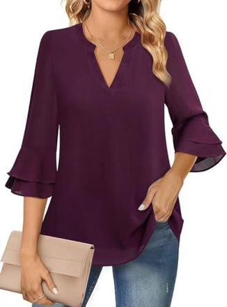 Onsoyours Blouse Femme Élégant Col en V Décontracté À Manches Longues Shirts Tops Chemisier Tunique Hauts Chemise 02 Violet Foncé XXL