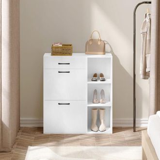 Woltu Schuhregal Schuhschrank Schuhständer mit 3 Klappfächern, Schublade offenen Fächern Schuhorganizer aus Holzwerkstoff 80x30x90cm, Weiß - Weiß - Woltu