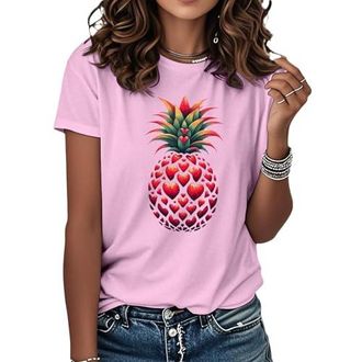 Generic T-shirt hawa&iuml;en pour femme - Coeur ananas | Col rond hawa&iuml;en graphique - Hauts d&eacute;t&eacute; - pour la plage et les voyages, rose clair, 3XL