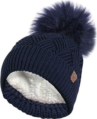 RockJock Chapeau de Tricot de c&acirc;ble de Diamant Chaud &eacute;pais de Dames avec la Doublure Thermique dours en Peluche et Le Pompon d&eacute;montable de Fausse Fourrure-Tail
