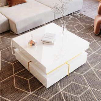 STILVORA Table basse avec 2 Tiroirs et Accents Dor&eacute;s, Laqu&eacute; Brillant, Style Moderne, en Panneau de Particules, 70&times;70&times;35,5 cm, Blanc