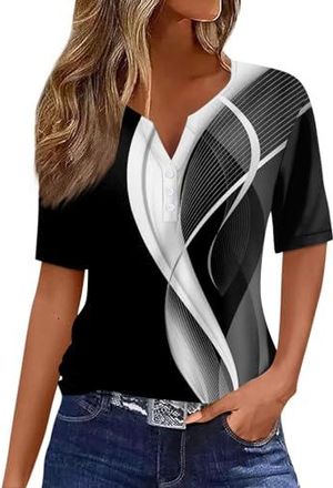 Generic Tee Shirt Femme,Tunique Plage Tenue Disco Femme T-Shirt Décontracté À Col en V Imprimé Vintage Et À Manches Courtes avec Boutons Décoratifs Blouse Pha