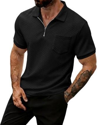 Generic Polo basique vintage r&eacute;tro d&eacute;contract&eacute; pour homme - Chemise boutonn&eacute;e l&eacute;g&egrave;re et respirante - Tunique de travail, Noir, 3XL