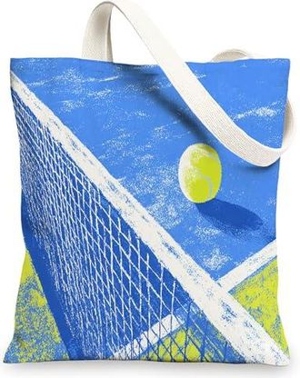 Generic Sacs fourre-tout en toile sportifs, design de court de tennis artistique, sacs dépicerie réutilisables, légers et lavables avec bandoulière, bleu, 13x
