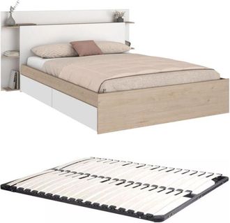 Vente-Unique Vente-unique - Lit 140 x 190/200 cm avec 4 tiroirs - Coloris : Naturel et blanc + Sommier - tilonide