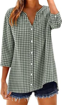Generic Chemises boutonn&eacute;es en coton &agrave; manches 3/4 pour femmes, haut ray&eacute; vichy &agrave; carreaux et col en V, chemisier ample d&eacute;contract&eacute; d&eacute;t&eacute; &agrave; carreaux, Vert, XXL