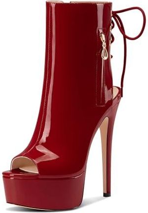Castamere Femmes Aiguille Haut High Talon Heel Ouvert Bout Plate-forme Été Bottines Lacets Danse Party Dress Bottes 15 CM Heels Rouge Vin 42 EU