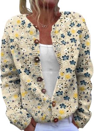 Onsoyours Femme Cardigan Manches Longues Mode Veste Courte Lâché Gilets en Tricot Imprimé Chandail Chaud Bouton Ouvert Blouson Sweater Automne Hiver Manteau Cha