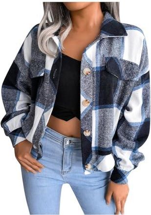 Generic Vestes pour femmes 2026 - Manteau en laine &agrave; carreaux d&eacute;contract&eacute; - Manches longues, bleu marine, XL