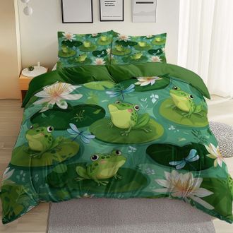 Generic Bettbezug Bedruckter Cartoon Frosch Lotus Geb&uuml;rstete Mikrofaser Weich 3 teilig Bettw&auml;sche-Sets 180 x 200 cm mit 2 Kissenbez&uuml;ge 80x80 cm, Wendebettw&auml;sc