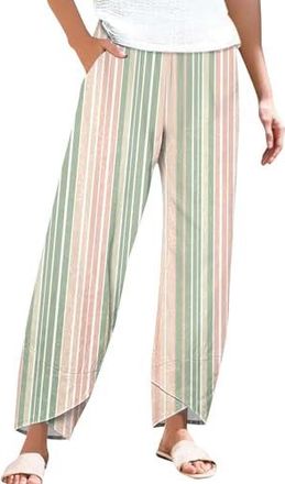 Generic Pantalon L&eacute;ger Femme Fluide Blanc en Lin &Eacute;t&eacute; Pantalon en Lin Ray&eacute; pour Femme D&Eacute;t&eacute; D&eacute;contract&eacute; &Agrave; Jambes Larges avec Poches Court et V&ecirc;tements Ample Lin