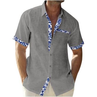 Generic Leinenhemd Herren Kurzarm Baumwolle Hemd Hawaii Hemden Sommer Freizeithemden Oversized Kurzarmhemd Business Herrenhemden Fashion Strandhemd Einfarbig 