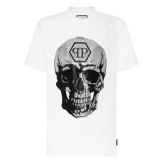 Philipp Plein unisex, Tops, Blanc, Taille: 5XL T-shirt Col Rond MC T&ecirc;te de Mort et Plein avec Cristaux