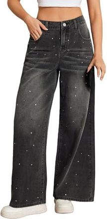 Generico Jeans Femmes avec Paillettes Taille Haute Baggy, 2025 Printemps de la Mode Pantalon Denim avec Strass Curvy Pantalon Glitter Larges Brillant Casual Je