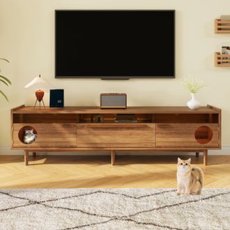 Generic TV-Schrank Katzenruheraum ohne Katzenkissen TV-Kommode mit LED Glast&uuml;ren Schublade St&uuml;tzhebeln Lowboard f&uuml;r Wohnzimmer Fernsehschrank TV M&ouml;bel Tisch H