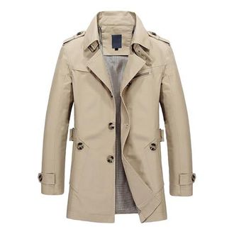 Generic Trench-coat pour homme avec revers cranté court à simple boutonnage coupe-vent veste mi-longue Trench Coat Business Manteau, beige, 5XL