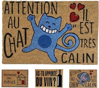 Koko Doormats Paillasson Exterieur Entree Coco - Attention au Chat - Base PVC Antid&eacute;rapante | 40 x 60 cm | Tapis dEntr&eacute;e Durable et Absorbant | Design Accueillant |