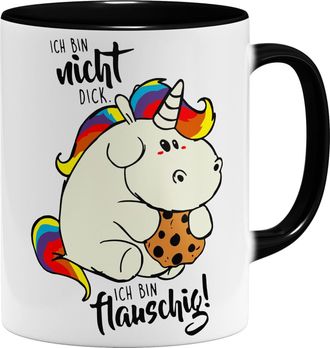 OM3 Lustige Einhorn Kaffee-Tasse mit Spruch - Ich bin nicht dick, ich bin flauschig - dickes Unicorn - Keramik Becher - 325ml - Beidseitig Bedruckt - Schw