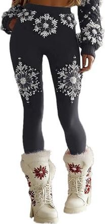 Generic Legging de No&euml;l artificiel en forme de flocon de neige pour femme - Legging doux et chaud en tricot avec imprim&eacute; de flocons de neige r&eacute;tro - Pantalon 