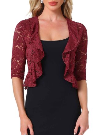 Allegra K Damen Hochzeit Spitze Festlich Bolero f&uuml;r Abendkleid 3/4-&Auml;rmel R&uuml;schen Eleganter Cardigan Burgund S