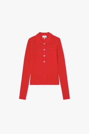 Ganni Goji Berry Poloshirt aus roter Merinowolle Wolle - Gr&ouml;&szlig;e XXS