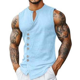 Generic DENGJIAMY D&eacute;bardeur en lin pour homme - T-shirt d&eacute;t&eacute; tendance - V&ecirc;tements de plage d&eacute;contract&eacute;s - Chemise de vacances pour homme - Boutons lat&eacute;raux - 