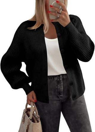 Zeagoo Cardigan court en tricot pour femme - Col rond - Open Front - Avec boutonni&egrave;re - &Eacute;l&eacute;gant et d&eacute;contract&eacute; - Pour femme, Noir, XXL